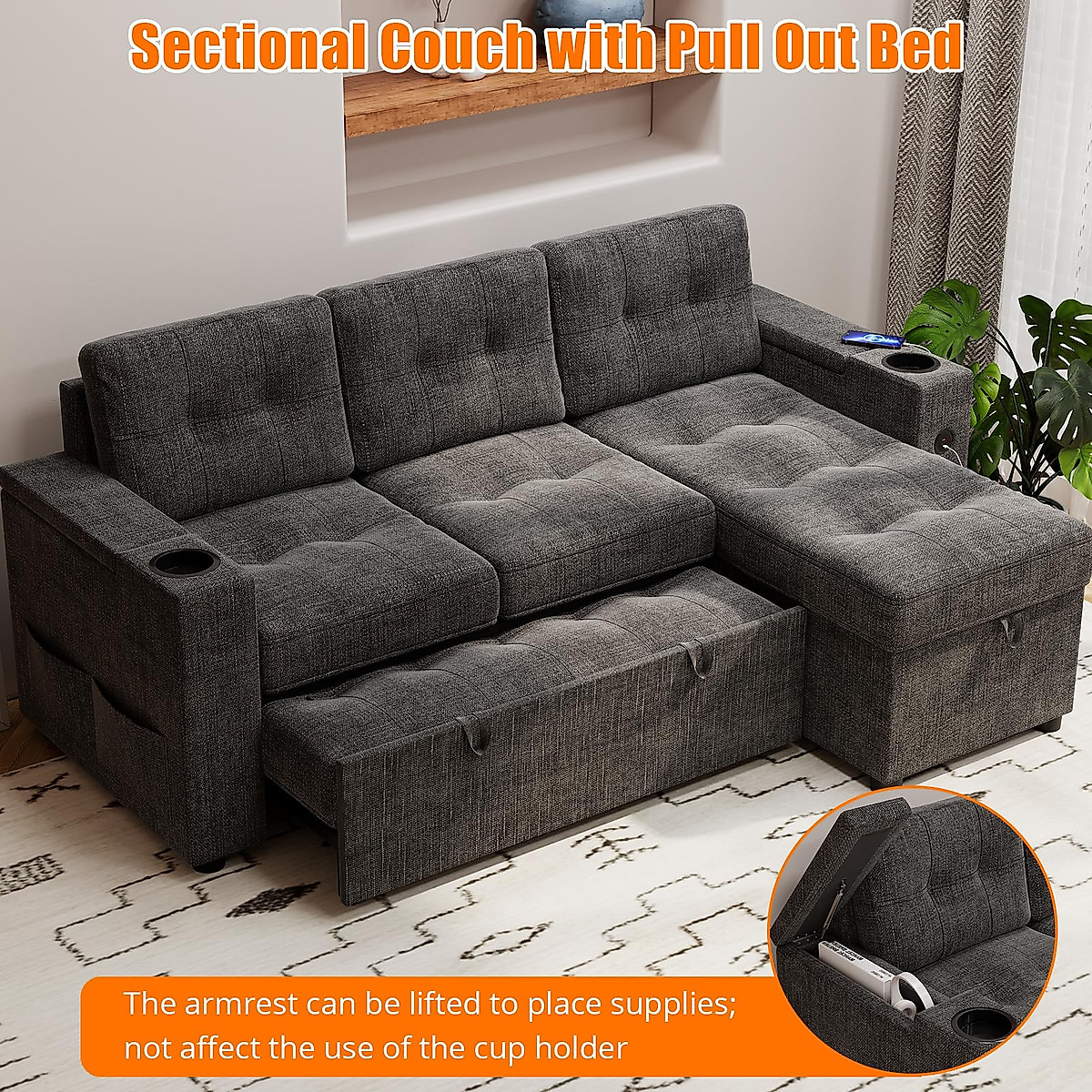Sofa Bed- 2 in 1 Pull Out Couch Bed with Storage Space and Arms,Sleeper Sofa with Pull Out Bed,L-Shaped Sofa Couch Bed,1 USB-A, 1 Type-C,Pull Out Couch for Living Room Black,Linen Sectional Sofa,Grey
