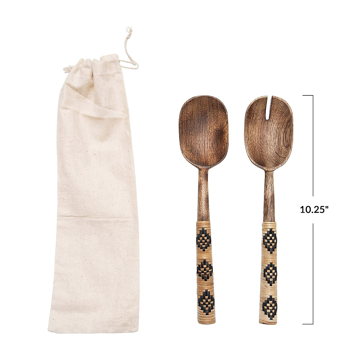 Creative Co-Op Mango Wood Salad Servers with Patterned Rattan-Wrapped Handles Serveware, Set of 2, Natural