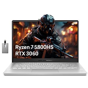 ASUS ROG Zephyrus G14 Gaming Laptop, 14" FHD 144Hz Display, AMD Ryzen 7-5800HS, NVIDIA GeForce RTX 3060 6G, 40GB RAM, 4TB PCIe SSD, Backlit Keyboard, Win 11 Pro, White, 32GB Hotface USB Card