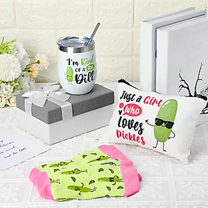 Soaoo Funny Pickle Gifts for Pickle Lovers Just a Girl Who Loves Pickles Makeup Bag Insulated 12 oz Stainless Steel Tumbler Pickle Sock Gift Box with Card Pickle Christmas Gift(Pink and White)