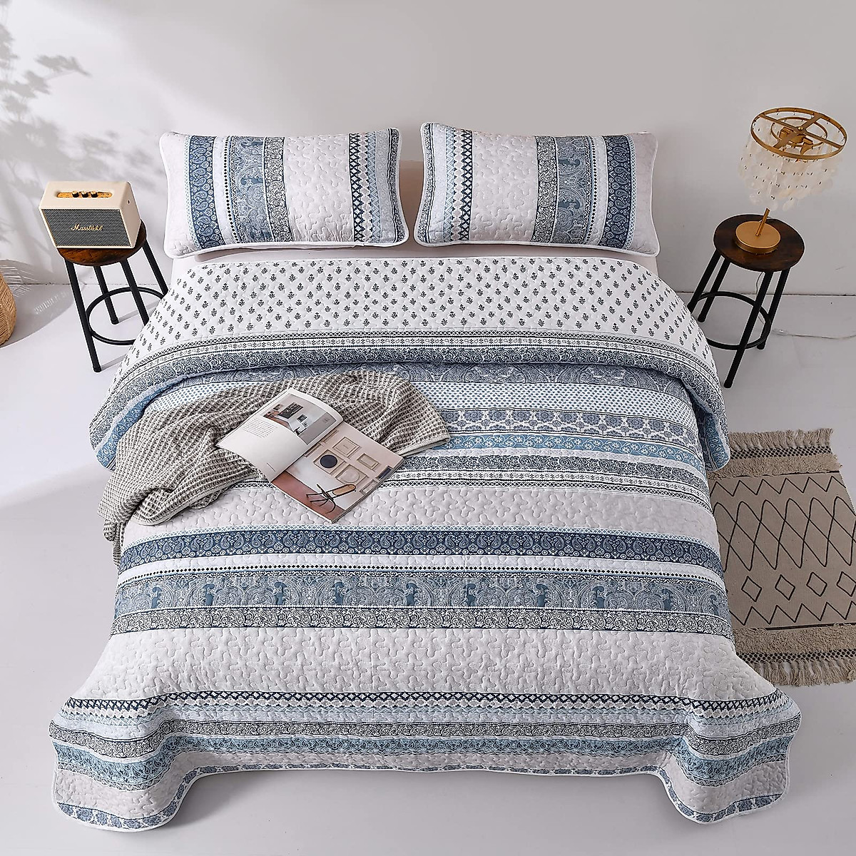 WONGS BEDDING Boho Quilt Set King Size, Light Blue Bohemian 3 Pieces Quilt Sets, Lightweight Summer Bedspread Coverlet Bedding Set for All Season (104"x90")