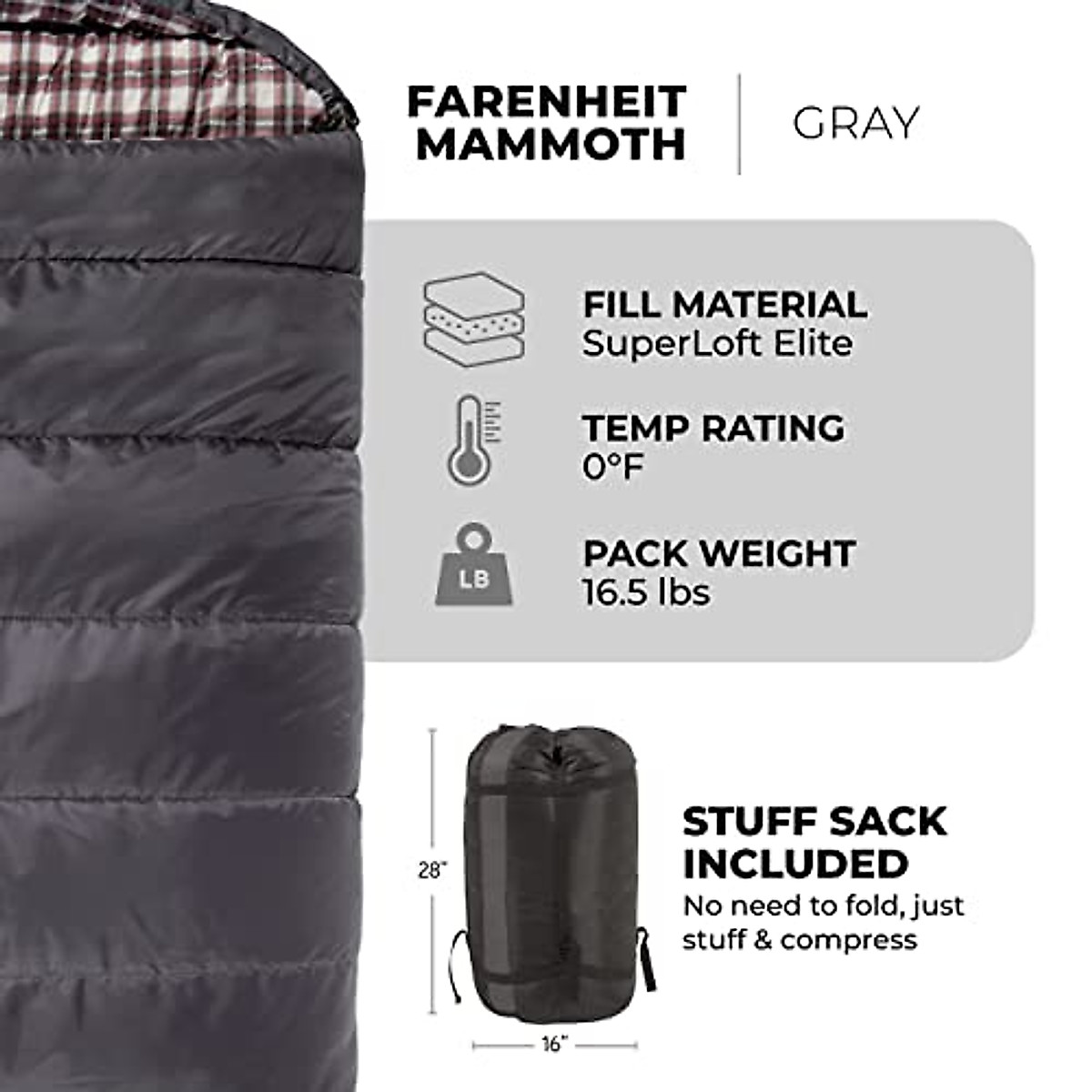 TETON Sports Fahrenheit Mammoth 0F/-18C Queen-Size Double Sleeping Bag; Warm and Comfortable; Double Sleeping Bag Great for Family Camping; Compression Sack Included Grey
