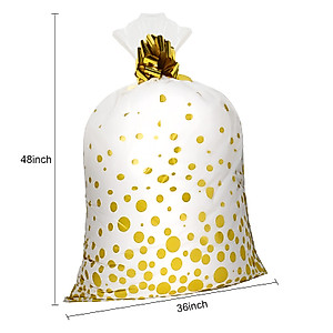 4 Pieces Plastic Multi-Color Dot Bags (36 x 48 Inch) with 4 Pieces Pull Flowers Large Packaging Wrapping Present Bags for New Parents Baby Shower Birthday Wedding Christmas Engagement Party (Golden)