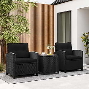 RELAX4LIFE 3-Piece Patio Furniture Set - Wicker Rattan Bistro Sofa Set w/Glass Top Coffee Table, Washable Cushions for Porch Balcony Backyard Poolside, Outdoor Furniture Conversation Set (Black)