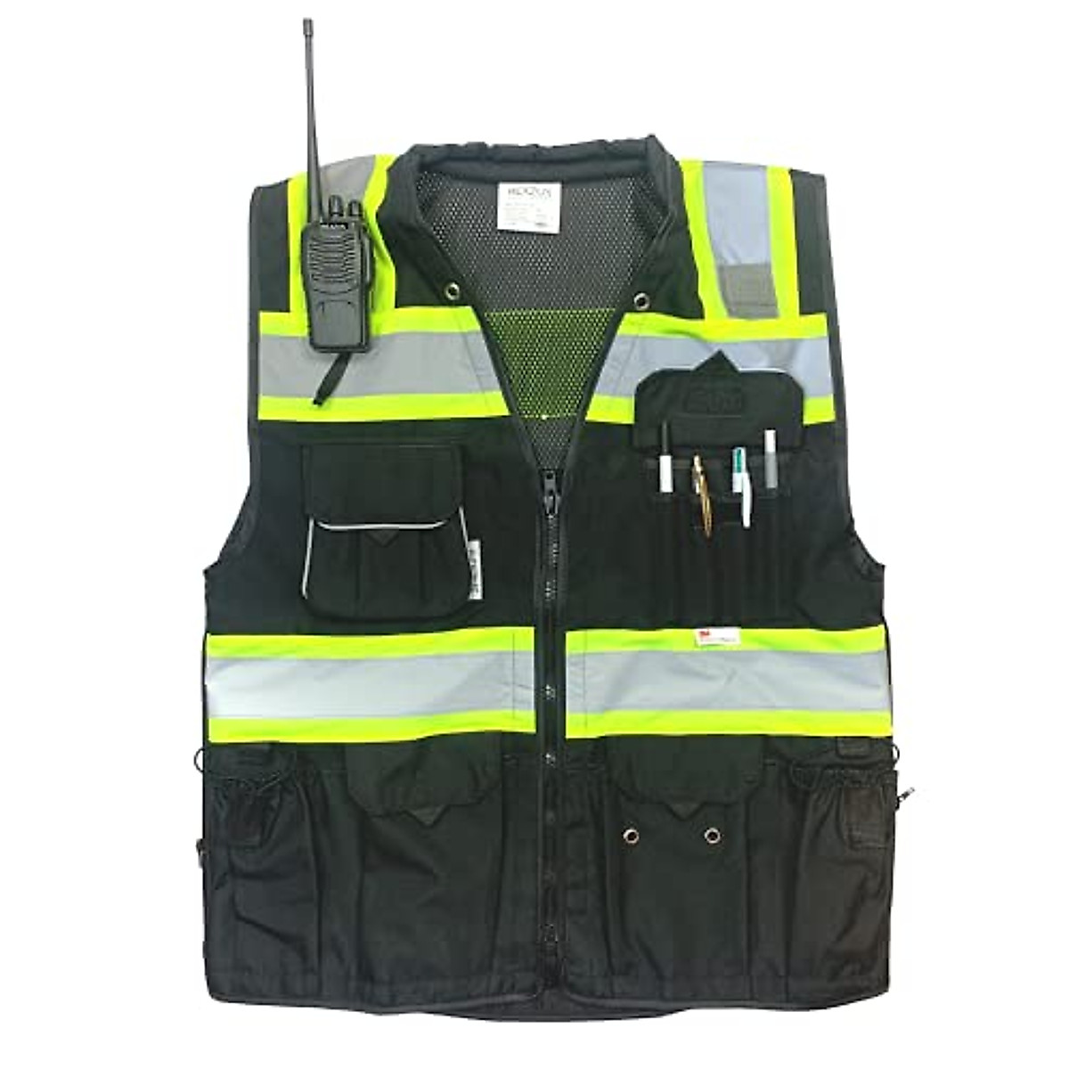 Vero1992 (C) Vest Mens Class 2 Black Series Safety Vest With Zipper and Utility Pockets Premium Black Series Surveyors Vest (L, Black)