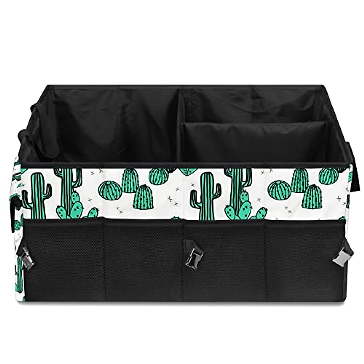 Cactus Summer Tropical Print Car Trunk Organizer,Collapsible Cargo Storage Tote Bag,Non Slip,3 Divider Compartments, Automotive Interior Accessories for Auto SUV Truck Vehicle Picnic Camping