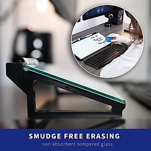 VIVO Glass 16 x 7 inch Desktop Whiteboard with Marker Slot and Open Storage, Dry Erase Non-Streak White Surface, Black Frame, DESK-WB16D