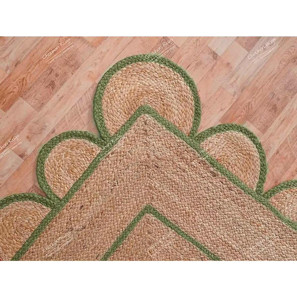 Jaipur Weaver Group Natural Jute Scalloped Area Rug Scallop Braided Boho Rugs Handwoven Bohemian Rug for Farmhouse & Home Decor (Green-4'x6'), BD2-GRN-4'x6'