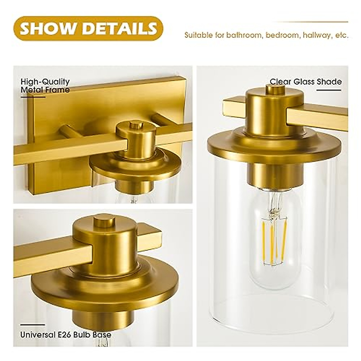 Eatich Bathroom Light Fixtures, 3-Light Brushed Gold Bathroom Vanity Light, Brass Vanity Lights for Bathroom with Clear Glass Shade, Modern Vintage Bathroom Lights Over Mirror