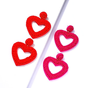 YAHPERN 2 Pairs Beaded Heart Earrings Valentine’s Day Earring for Women Handmade Love Heart Drop Dangle Earrings Birthday Party Valentine’s Day Gifts (Style A)