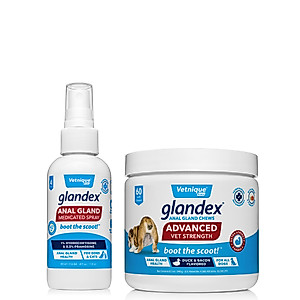 Glandex Anal Gland Medicated Spray for Dogs & Cats (4oz) and Advanced Vet-Strength Chews 60 Ct Bundle, Dog Deodorizing Spray & Anti-Itch Spray for Dogs, Anal Gland Supplement for Dogs with Extra Fiber