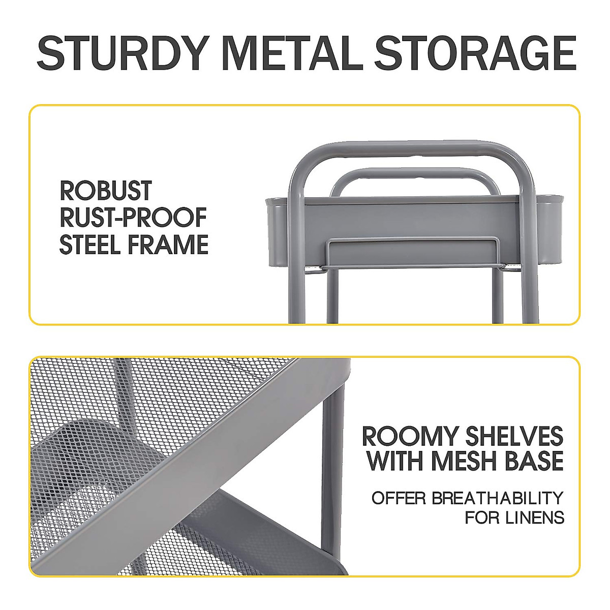 TOOLF 3-Tier Rolling Cart, Metal Utility Cart with Lockable Wheels, Storage Craft Art Cart Trolley Organizer Serving Cart Easy Assembly for Office, Bathroom, Kitchen, Kids' Room, Classroom (Grey)
