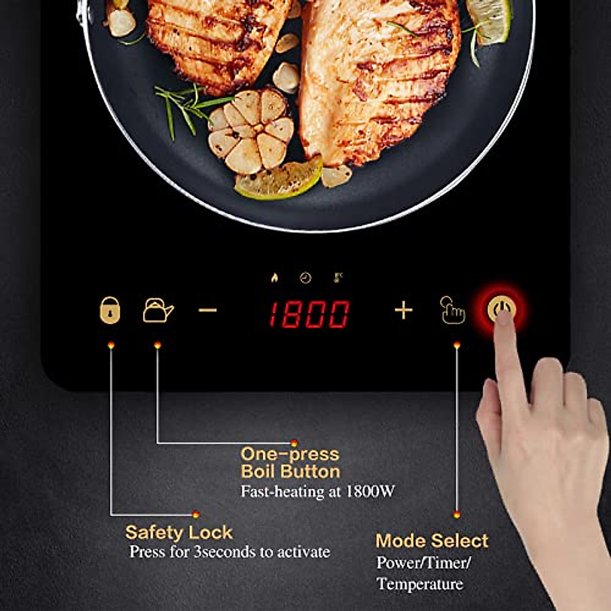 Sunmaki Induction Cooktop, Induction Hot Plate with LED Display, 1800W Countertop Burner Portable Black Crystal Glass Surface 10 Temperature 9 Power Setting &3H Timer for Cooking