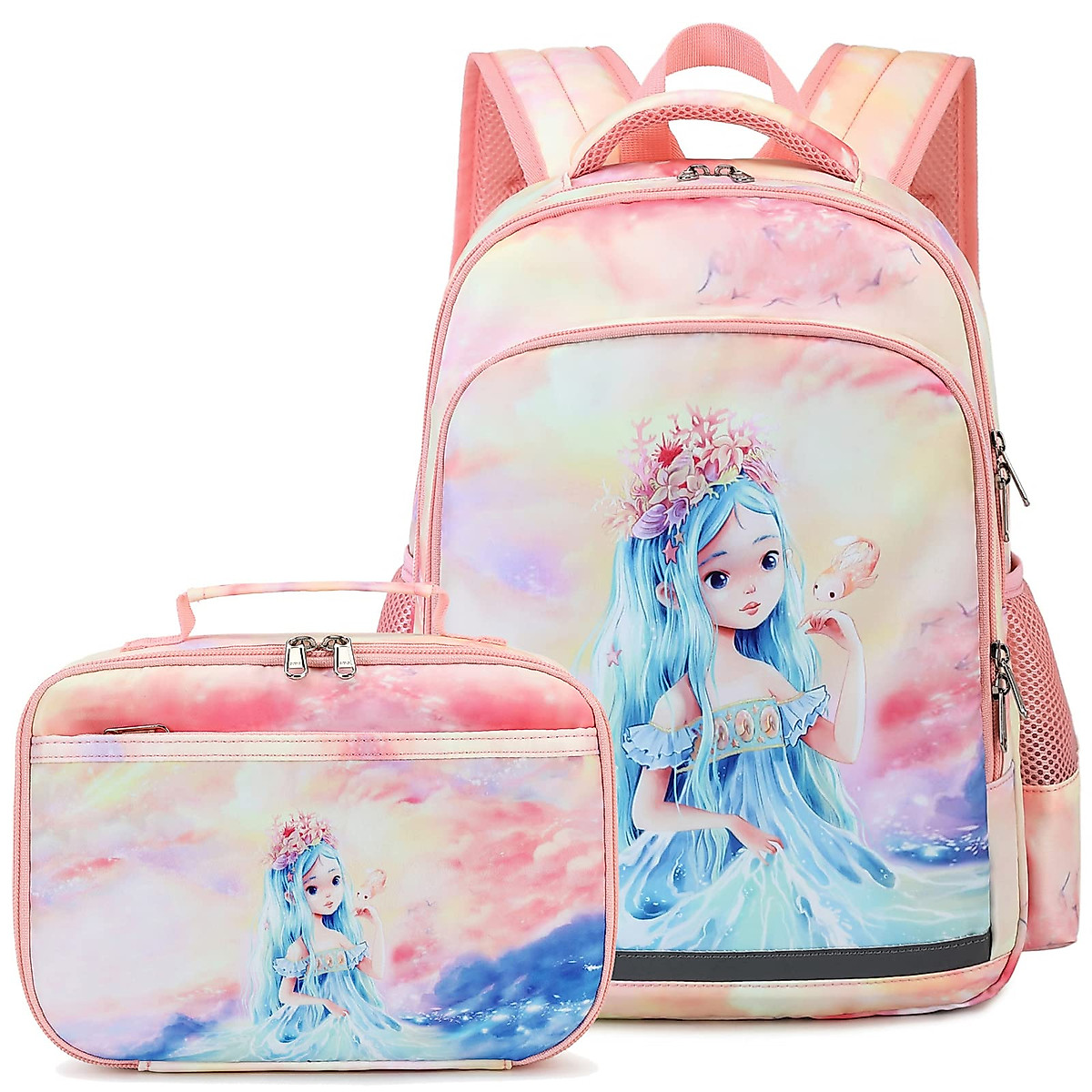 Princess Backpack For Girls,Kids School Backpack Kindergarten Book Bag Set With Lunch Box (Green-Princess)