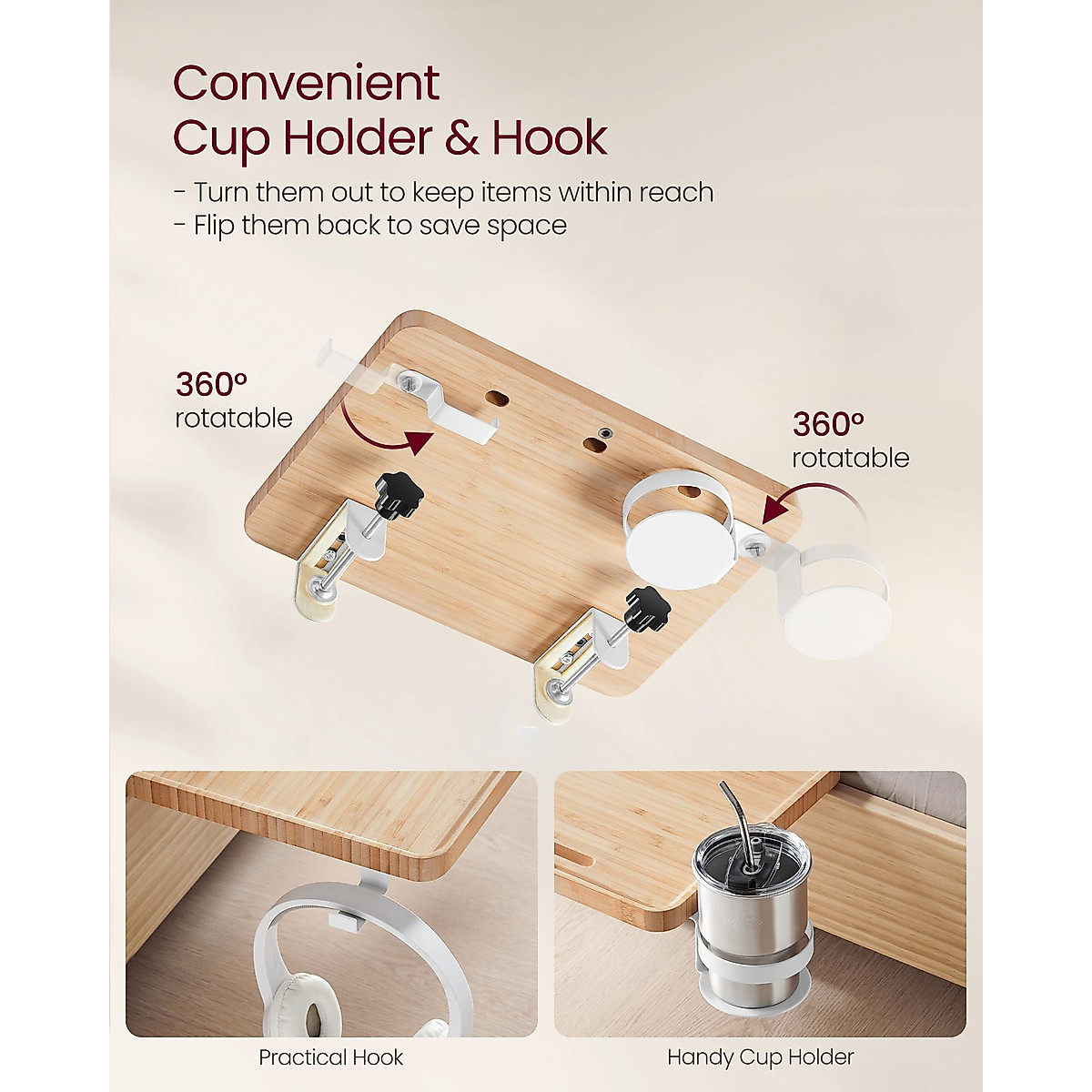 VASAGLE Bedside Shelf for Top Bunk, College Dorm Room Essentials Clip On Nightstand Bedside Storage with Phone Slot, Cup Holder, Hook, Clamps, Dormitory, Loft Accessories, Natural Beige ULET301N03