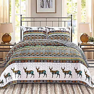 Mocaletto Boho Quilts Queen Size,Reversible Rustic Deer Lodge Cabin Quilt Set,Patchwork Green Bedding Set with Pillow Shams,Bohemian Stripes Bedspread,Lightweight Microfiber Coverlet