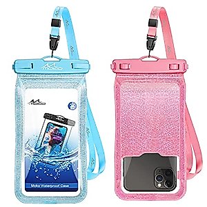 MoKo Waterproof Phone Pouch Holder Floating 2-Pack, IPX8 Glitter Waterproof Case Dry Bag Compatible for iPhone14 13 12 11 Pro Max X/Xr/Xs/8/7/6/SE 3, Galaxy S20/S21, Light Blue & Pink