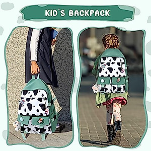 Unineovo Cow Print Kawaii Backpack with Cute Pin Accessories Plush Pendant Kawaii School Backpack Cute Aesthetic Backpack