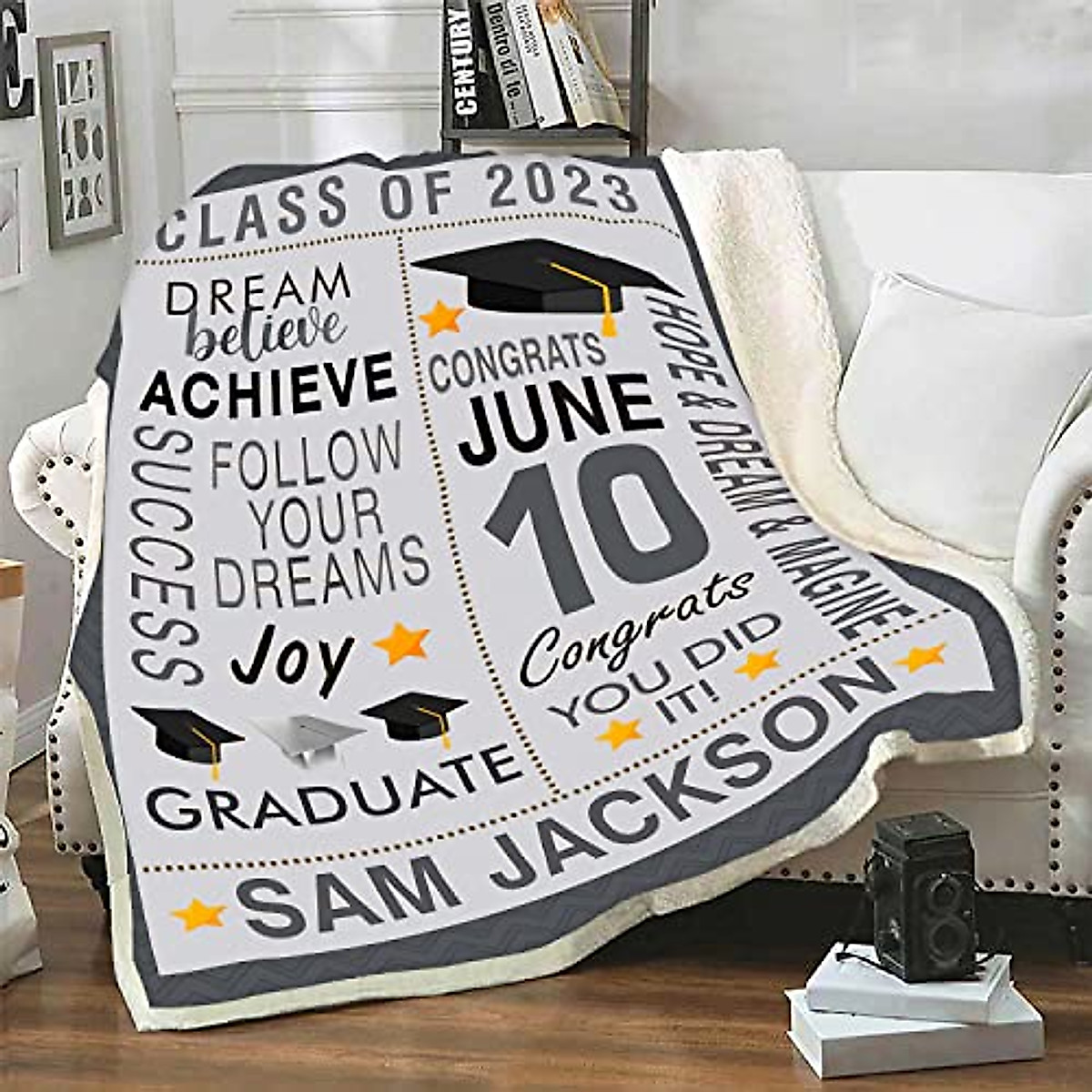 Class of 2023 Personalized Graduation Blanket, Custom Name & EST, Congratulations Gift Gesture for The One Who is Achieving Success & Getting Graduated, Soft Blanket Proudly Printed in USA