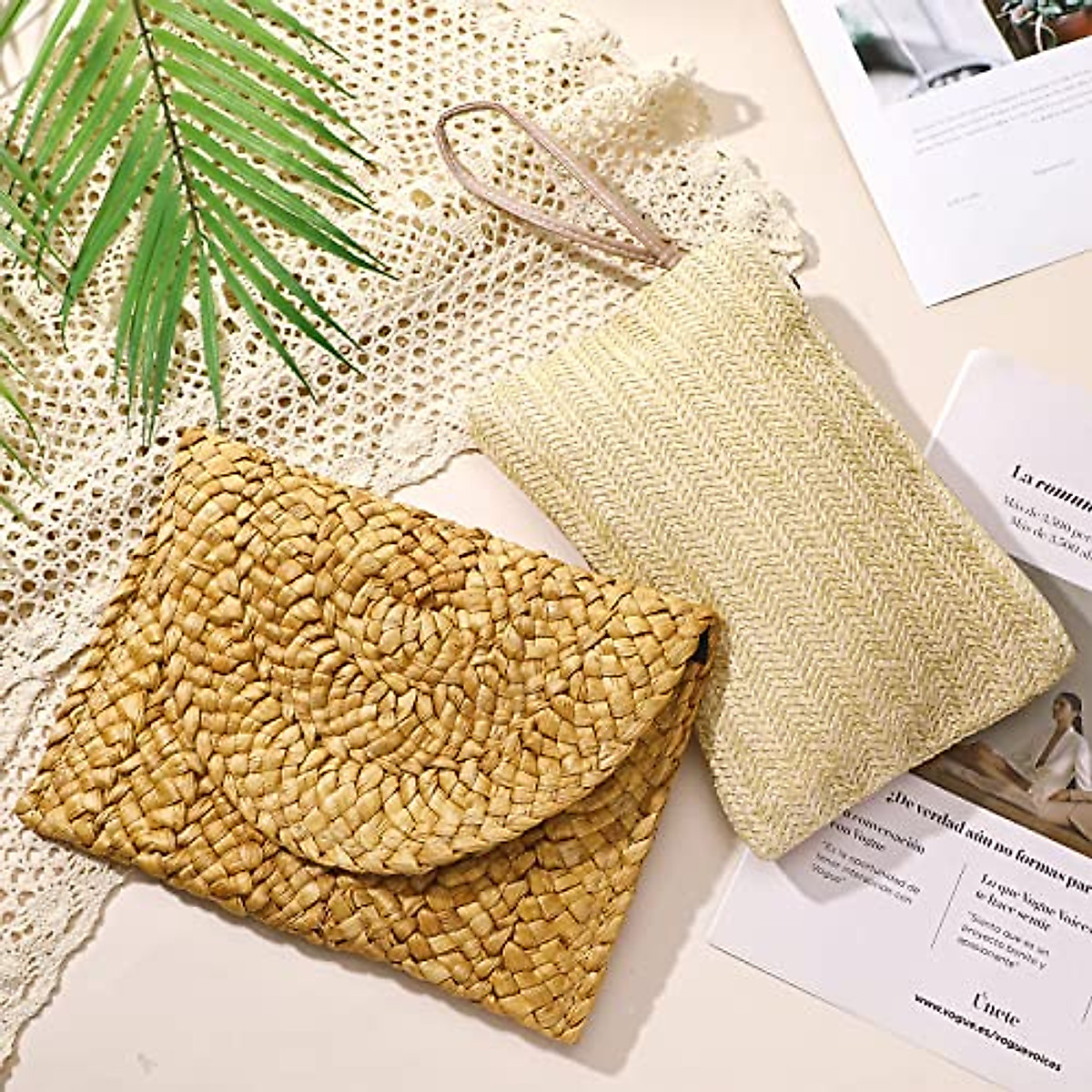 Saintrygo 2 Pcs Straw Clutch Purse Summer Beach Bags Women's Woven Clutch Handbags Boho Wallet Clutch Zipper Straw Wristlet Purse Bohemian Envelope Clutch Bag