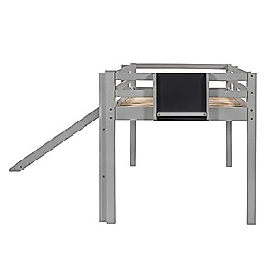 CITYLIGHT Twin Loft Bed with Slide, Low Loft Bed Frame with Chalkboard, Wood Kids Loft Bed Twin with Under-Bed Space Storage for Girls, Boys (Grey, Twin)
