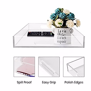 Rectangle Coffee Table Tray - Clear Acrylic Tray with Handles 16 x 12 x 2 - Rectangle Tray for Serving Food, Coffee, Organizing Bathroom Accessories, Makeup, Perfume, Ottoman, Eating in Bed Tray