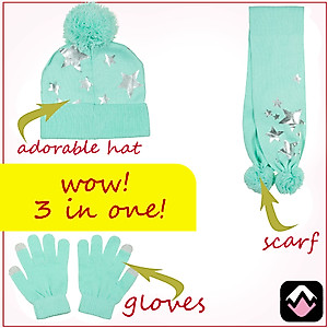 PEAK 2 PEAK Girls 3-Piece Winter Beanie Hat, Scarf and Gloves Cold Weather Set