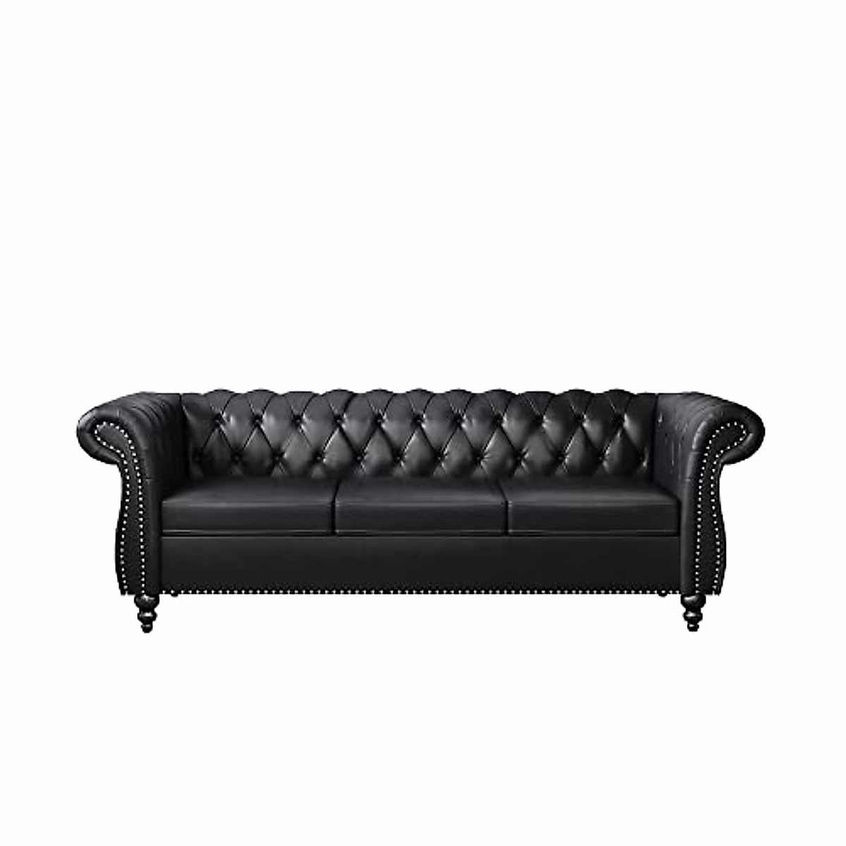 AVZEAR Leather Sofa 3 Seater Couch, Large Sofa Furniture Roll Arm Classic Tufted Chesterfield Settee Leather Sofa with Channel Tufted Seat Back for Living Room, Black PU