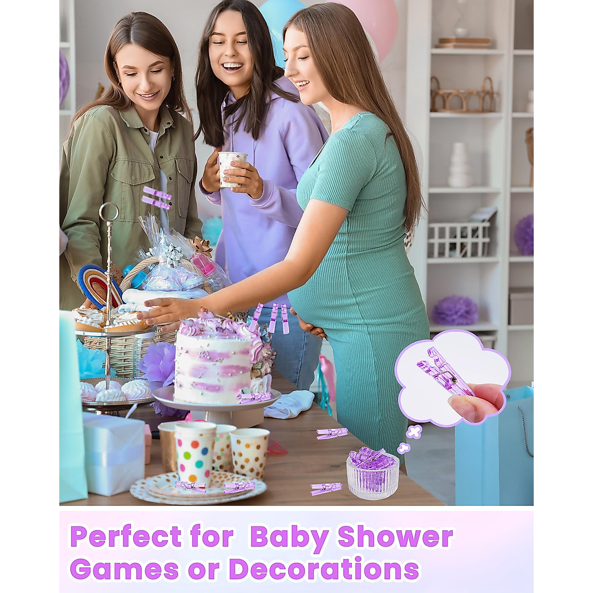 60PCS Purple Clothes Pins for Baby Shower Games Girl, Transparent Acrylic Clothes Pin Bulk, 1.4'' Mini Clothespins for Photos, DIY Crafts, Baby Shower Game Prop/Party Favors/Decorations