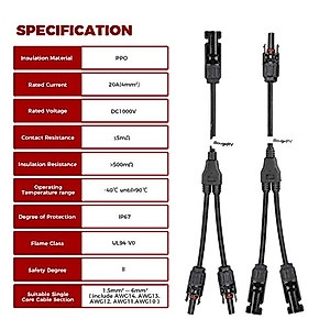 BougeRV 20Ft 10AWG Solar Extension Cable and 1 Pair of Solar Y Branch Parallel Connectors, Included Extra Free Pair of Connectors, 20Ft Solar Extension Cable Connector Kit Made of Pure Copper