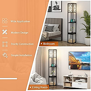 Tangkula Floor Lamp with Shelves and Drawer, Modern Shelf Floor Lamp with 1 Power Outlet and 2 USB Ports, Standing Floor Lamp for Living Room and Bedroom, Black (Carved)