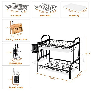 KASSO Dish Drying Rack, 2 Tier Stainless Steel Dish Rack with Drainboard, Utensil Holder, Cutting Board Holder, Large Rust-Proof Dish Drainer for Kitchen Counter, Black