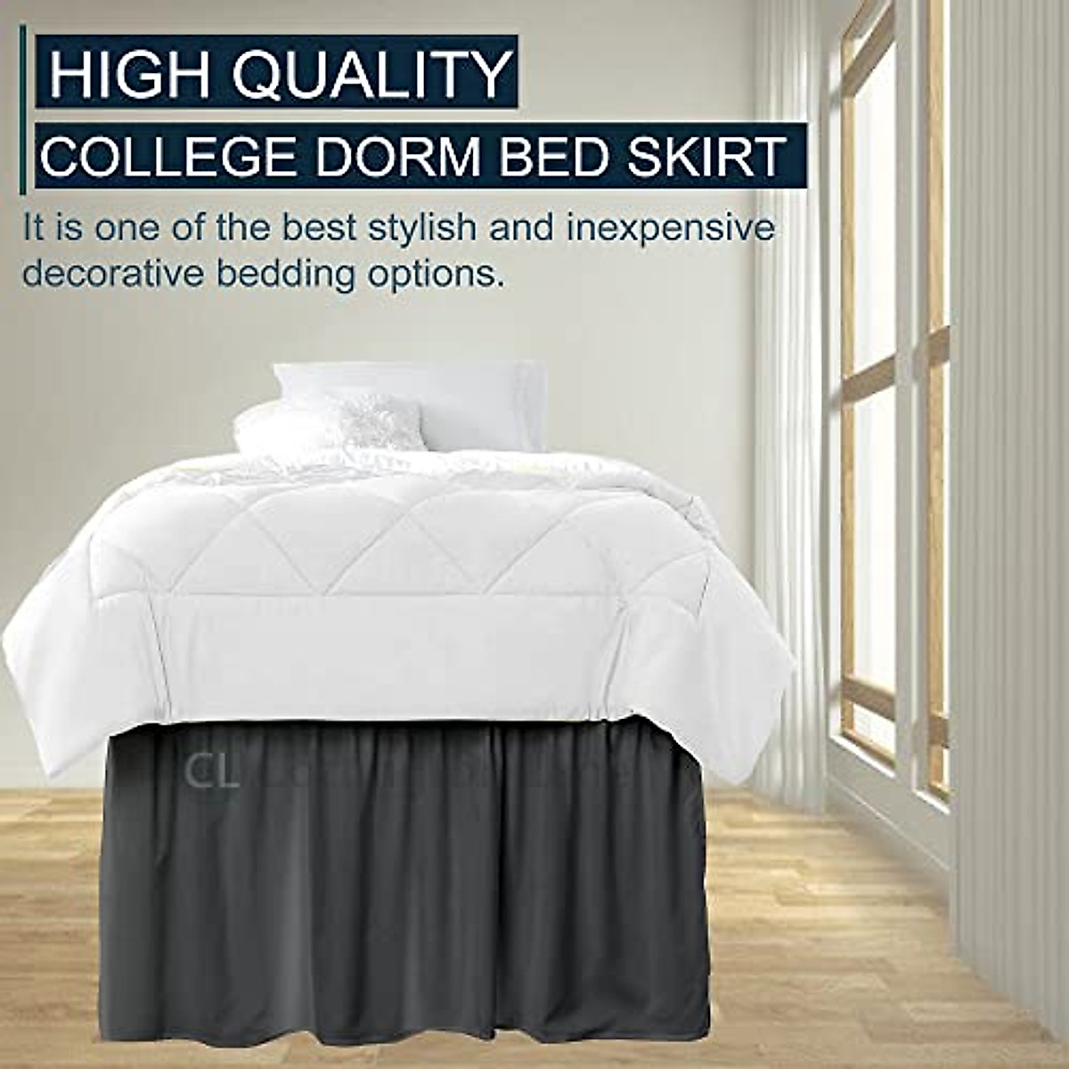 Ruffled Dorm Sized Bed Skirt for Dorm Beds - Three Sided Wrap Around Elastic Bedskirts- Dust Ruffled Bed Skirts 56 inch Tailored Drop - Dark Grey Dorm Room Bedskirts - College Dorm Bed Skirt