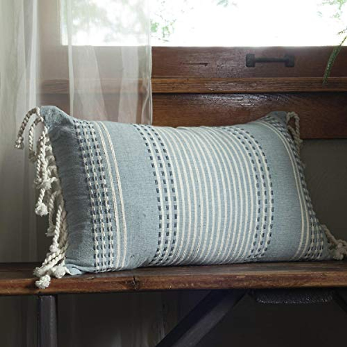 Foreside Home & Garden Blue Woven 14 x 22 inch Decorative Cotton Throw Pillow Cover with Insert and Hand Tied Tassels