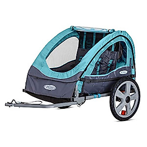 InStep Sync Kids Bike Trailer, Tow Behind Child Carrier, Foldable and Compact, Easy Storage, Bug Screen and Weather Shield Canopy, Safety Flag, 16-Inch Wheels, Double Seat, Light Blue