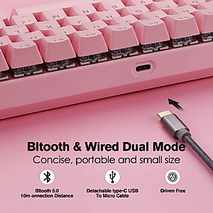 MOTOSPEED Bluetooth/Wired 60% Pink Mechanical Keyboard Compact 61 Keys RGB LED Backlit Type-C Gaming/Office Keyboard for PC/Mac/Laptop Gamer (Red Switch)