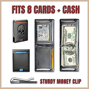 Lazy Skull Minimalist Wallet for Men | Slim and Stylish Skull Bifold With Removable Money Clip and RFID Blocking Technology | Skull Faux Leather Wallet For Cash and Cards and ID