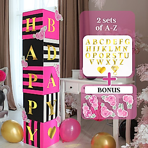 Hot Pink Party Decorations for Birthday, Bachelorette, Bridal or Baby Shower - 5 Boxes Blocks, 52 PC Letters for Custom NAME and 6 Flower Cutouts. Pink Rose Black White - Kate Spade Inspired