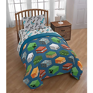 Jay Franco Minecraft Isometric 4 Piece Twin Bed Set - includes Comforter & Sheet Set - Bedding Features Creeper - Super Soft Fade Resistant Polyester - (Official Minecraft Product)
