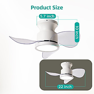 Roomratv Ceiling Fans with Lights 22 inch Quiet Ceiling Fan Large Airflow Remote Control 3 Color Temperature for Bedroom Kitchen Dining Room Patio（White）