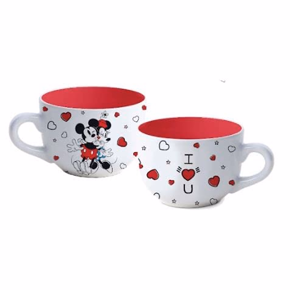 Jumbo Kissing Mickey and Minnie Wide Ceramic Drinking Mug, Multi Purpose Cereal, Coffee, Latte Mug with Handle, Oversized Sippable Soup Bowl, Unique Gifts for Classic Disney Fans, 24 Ounces