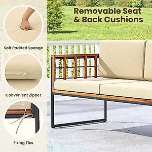 Tangkula Acacia Wood Outdoor Sofa Set, 4 Pieces Outdoor Furniture Set with Heavy Duty Metal Frame, Soft Seat & Back Cushions, for Balcony, Porch, Backyard or Poolside (1, Beige)