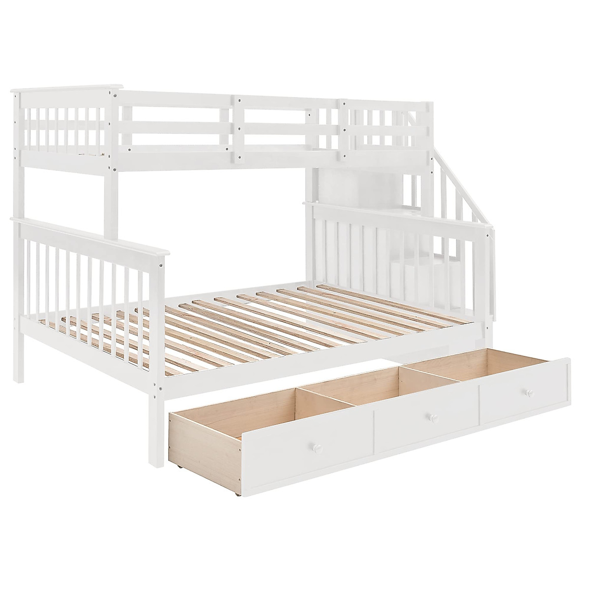 Twin Over Full Bunk Bed, Wood Twin Over Full Bunk Bed Frame with Storage Drawers and Shelves, Twin Over Full Size Bunk Bed Frame with Guardrails and Stairs for Kids Boys Girls Teens Adults, White