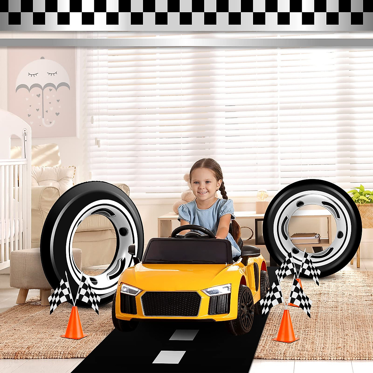 24 Pieces Race Car Party Supplies Include Traffic Cones Checkered Flag Race Flags Checkered Tablecloth Race Track Running Mat and Tire Tube Swimming Ring for Car Themed Birthday Party Decorations