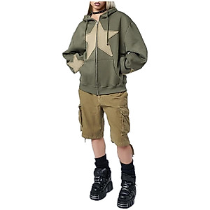 Karwuiio Women Y2k Zip Up Hoodies Star Graphic Long Sleeve Jackets Hip Hop Harajuku Oversized Hooded Sweatshirt(Gray Green,L)