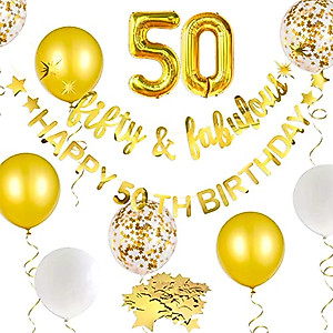 Gold Fifty & Fabulous Happy 50th Birthday Banner Garland Foil Balloon 50 for Womens 50th Birthday Decorations Hanging 50 and Fabulous Cheers to 50 Years Old Birthday Party Supplies Backdrop
