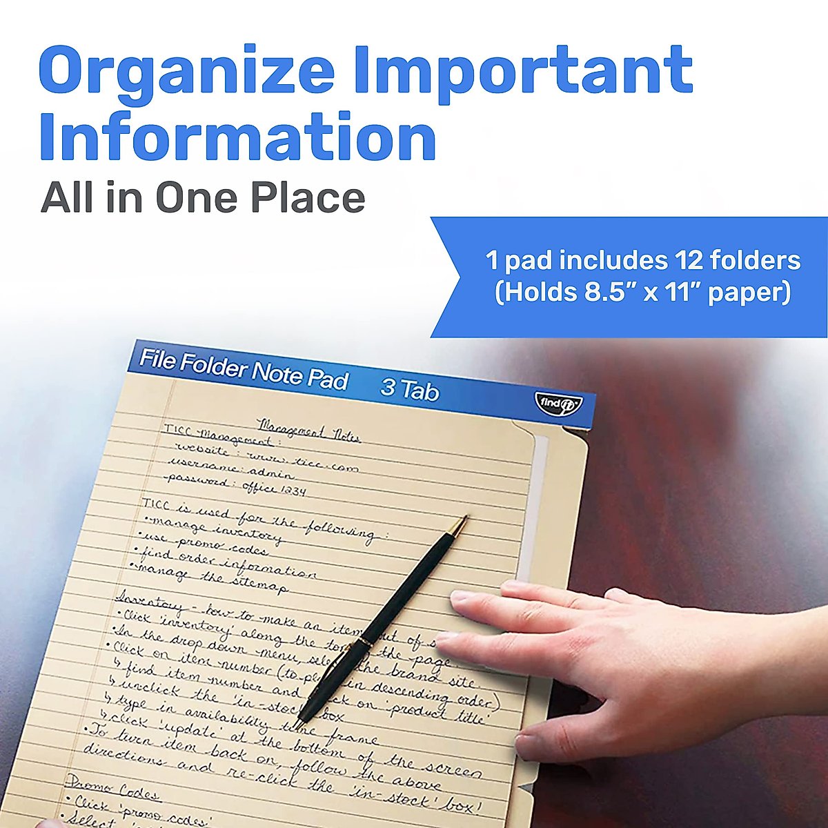 Find It File Folder Notepad - Pack of 12-9.5 x 12.5 Inch Notebook Organizer Folders for Filing, Document, and Clipboard Organization - Cream