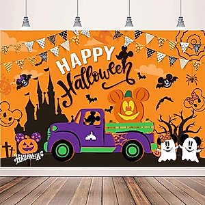 YUNKELIU Cartoon Mouse Happy Halloween Backdrop, Mouse Halloween Theme Party Decorations Happy Halloween Backdrop Banner Halloween Party Decorations for Halloween Indoor Outdoor Party Supplies