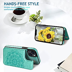 Designed for iPhone 13 Case with Card Holder,Slim Flip Cover for Woman Mandala Emboss PU Leather with Kickstand Credit Card Slots Magnetic Clasp Wallet Phone Case for iPhone 13,6.1 Inch (Mint)
