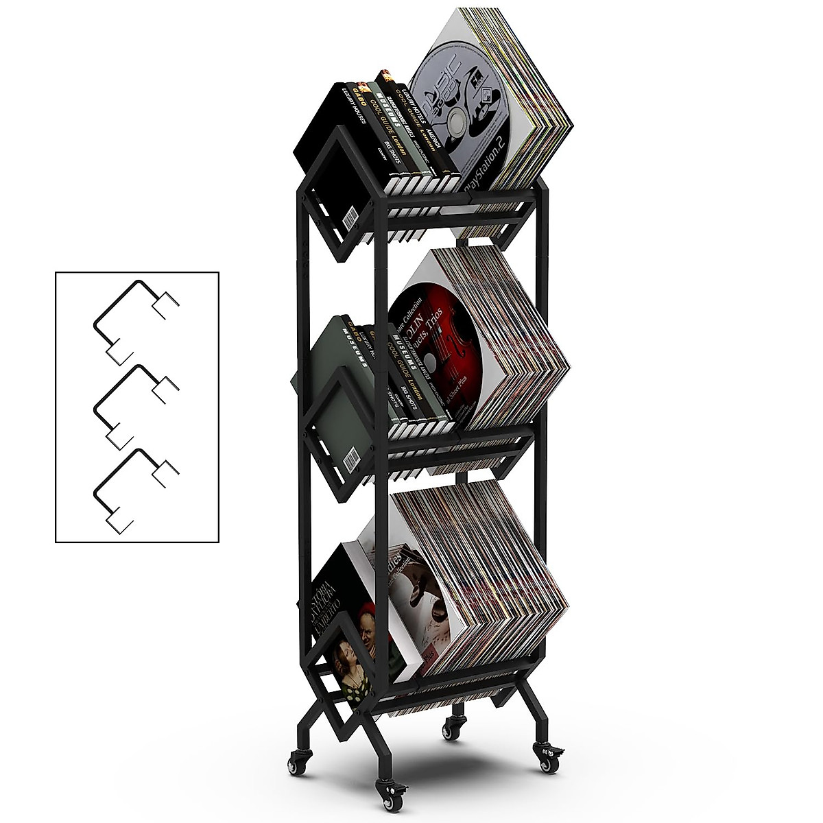 Simoretus 3 Tier Vinyl Record Storage Rack, Mobile Black Metal LP Storage Display Stand with Casters, Large Capacity Record Holder for Albums, Books, Magazines, and Office Files